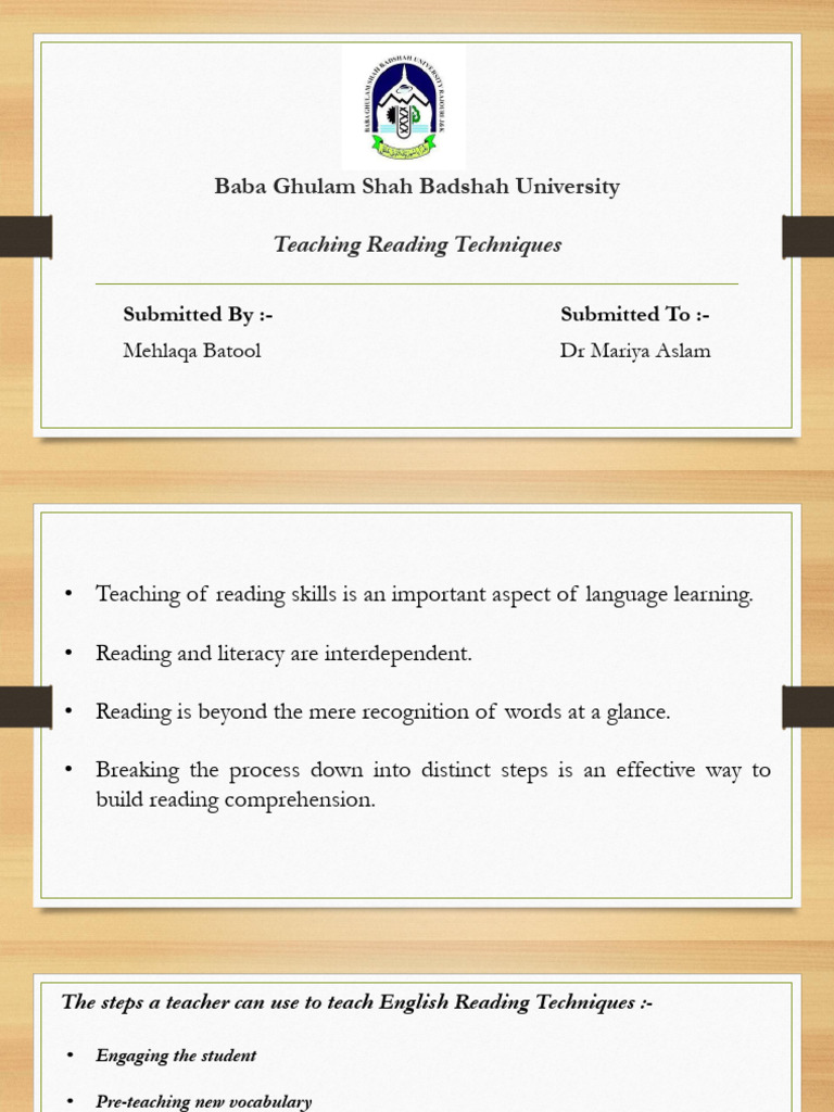 Baba Ghulam Shah Badshah University: Teaching Reading Techniques | PDF