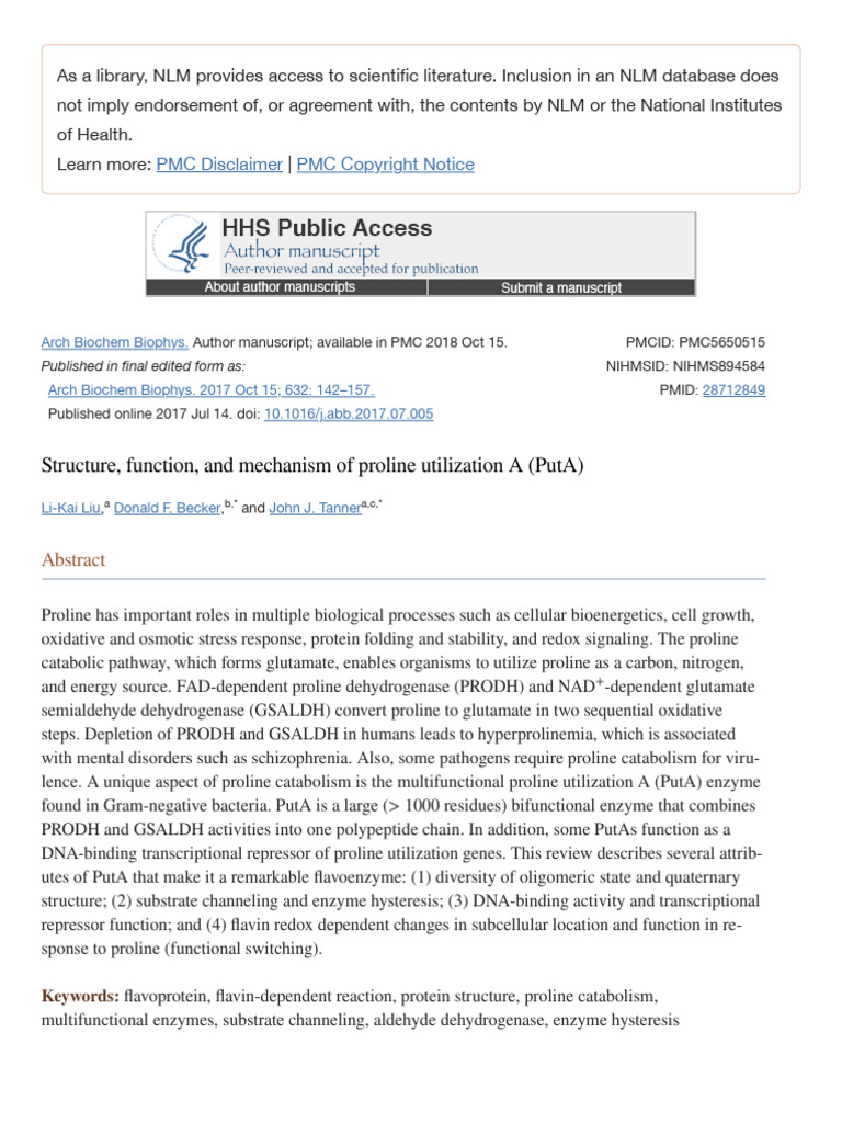 Structure, Function, and Mechanism of Proline Utilization A (PutA ...