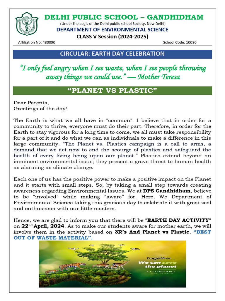 Class V Earth Day Circular | PDF | Natural Environment | Economy And ...