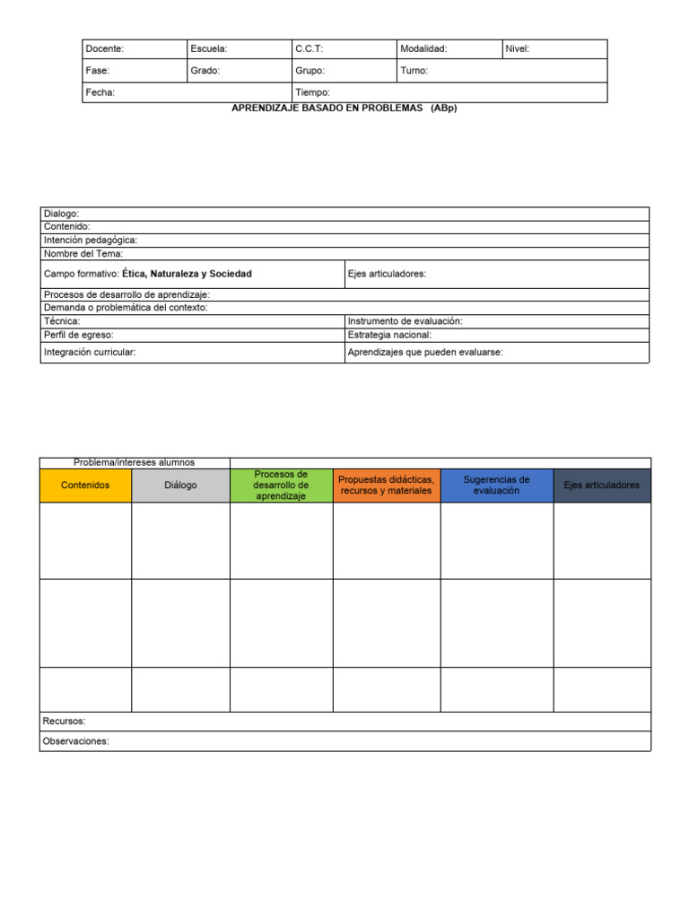 Formato Planeación Formato Aprendizaje Basado en Problemas | PDF