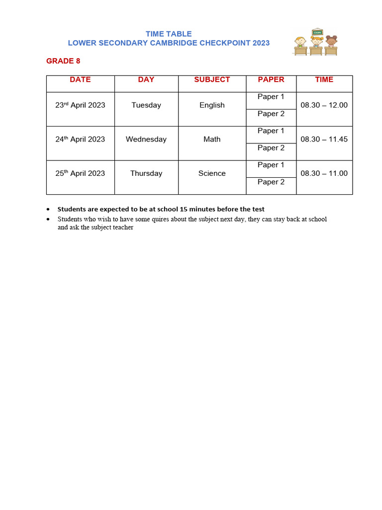 Grade 8 Cambridge Checkpoint Timetable | PDF