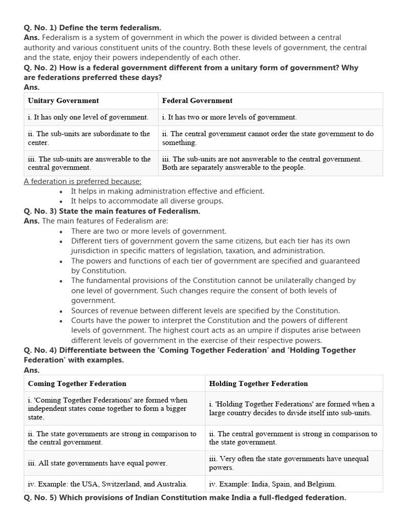 Questions N Answers of Federalism 24-25 | PDF | Federalism | Federation