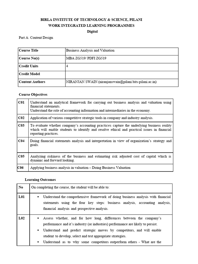 Business Analysis and Valuation Course | PDF | Business Valuation ...