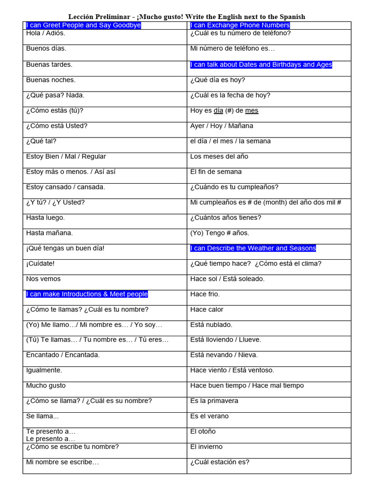 2019 Leccion Preliminar Word List | PDF