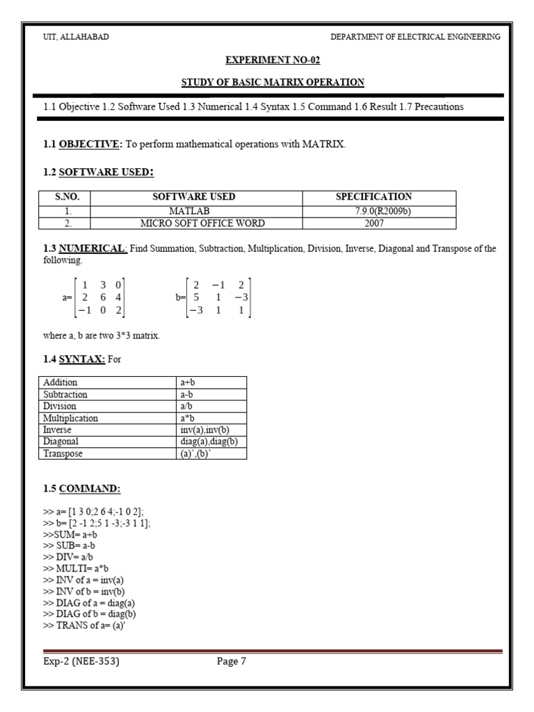 Exp-2 basic matrix | PDF | Matrix (Mathematics) | Functional Analysis