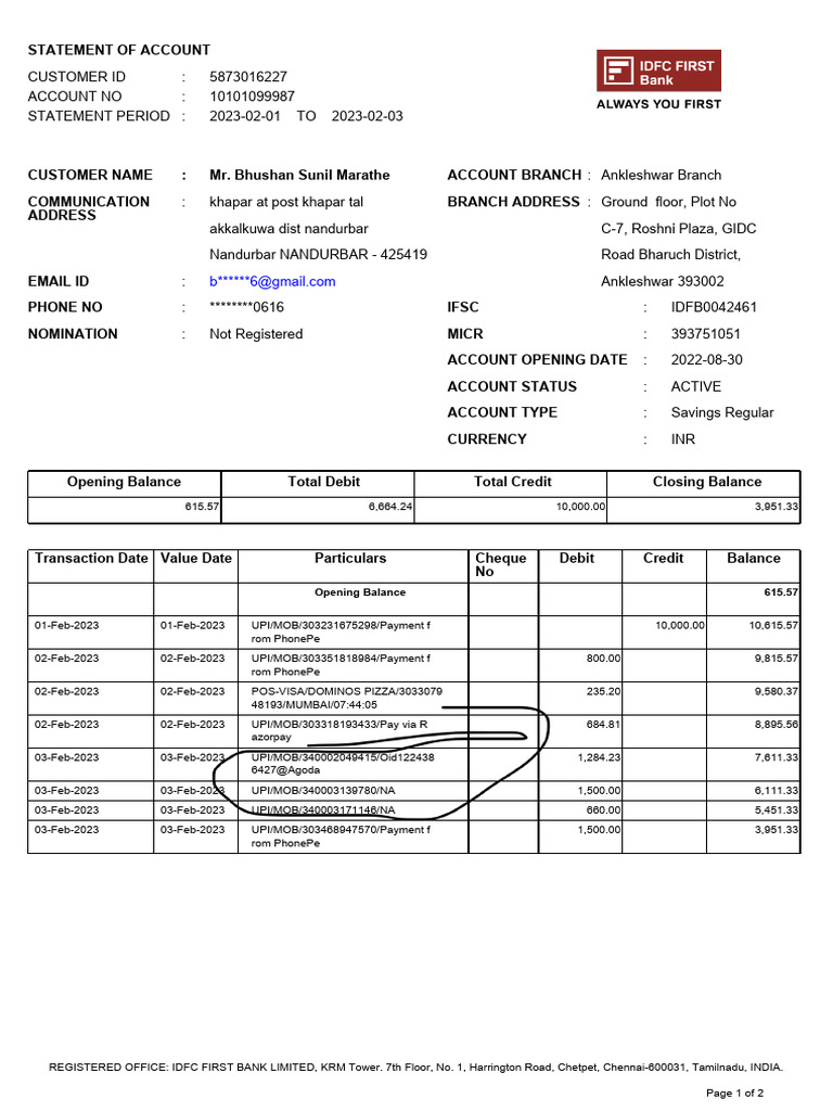 IDFCFIRSTBankstatement_10101099987 | PDF | Debit Card | Credit Card