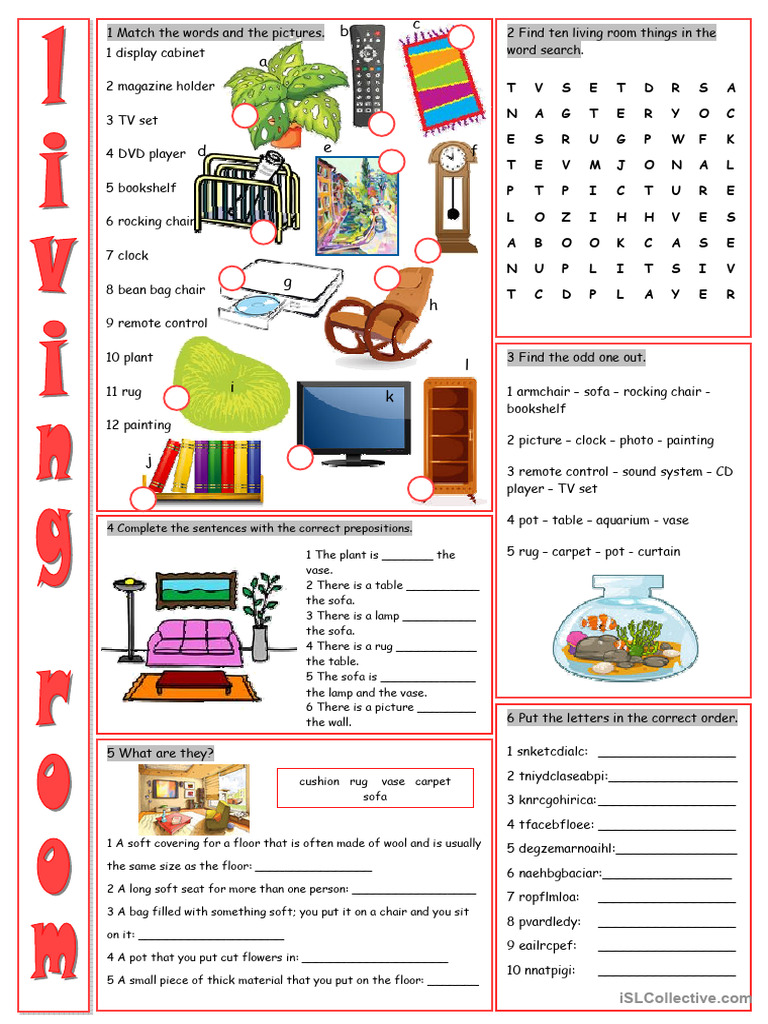 Living Room Vocabulary Activities | PDF | Chair | Carpet
