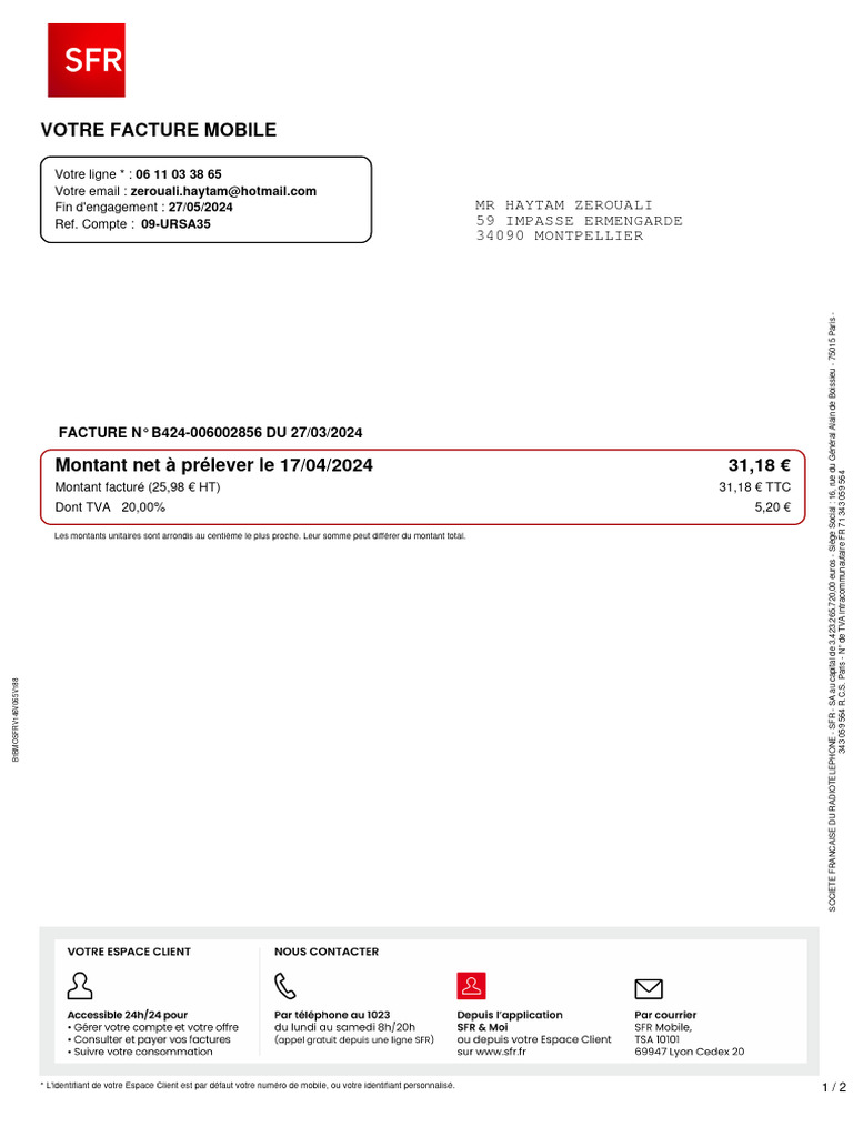 SFR Facture B424 006002856 | PDF | Taxe sur la valeur ajoutée | Sodles