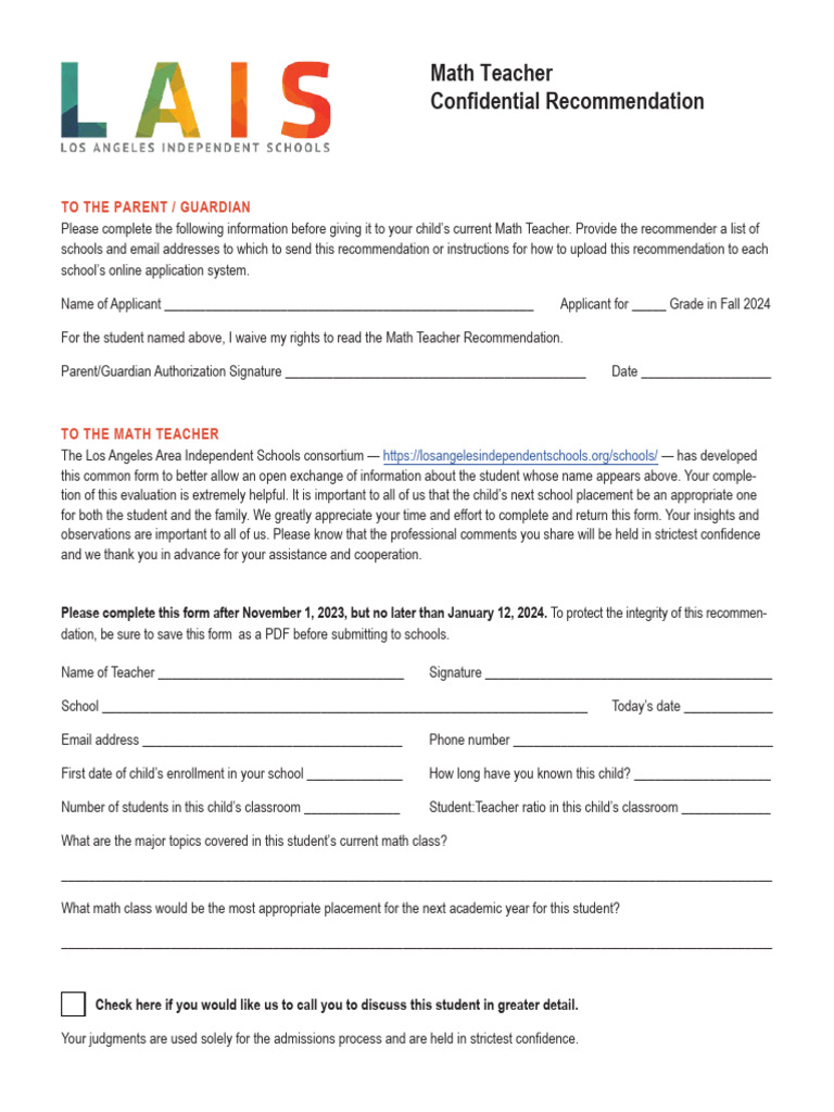 LAIS Math Teacher Recommendation 2024-25 | PDF | Extraversion And ...
