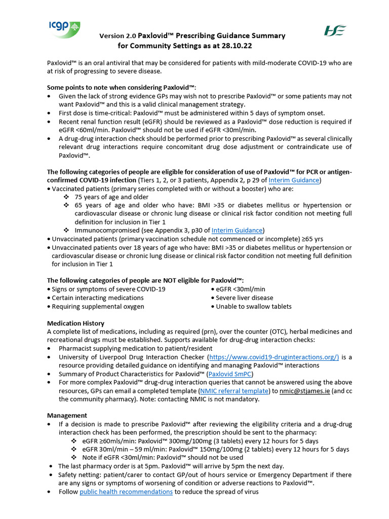 Icgp Quick Reference Paxlovid Guidance | PDF | Chronic Condition ...