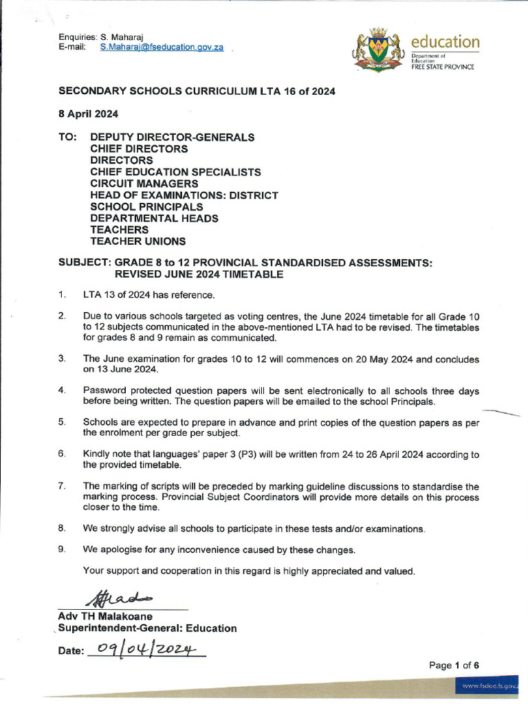 LTA 16 of 2024 REVISED GR 8 To 12 Exam Timetable June 2024 | PDF | Human Resources