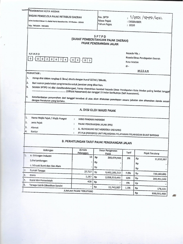 01.SPTPD Desember 2020 PT PLN Unit Pelaksana Pelayanan Pelanggan Bukit ...