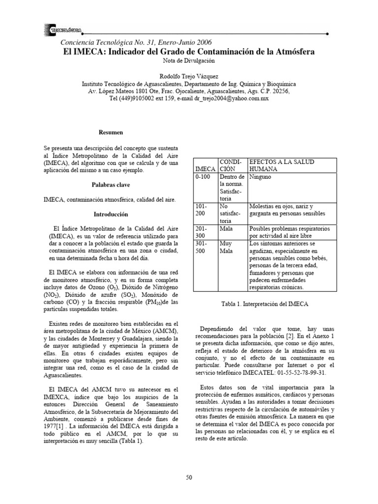 El IMECA: Indicador Del Grado de Contaminación de La Atmósfera | PDF | La contaminación del aire ...