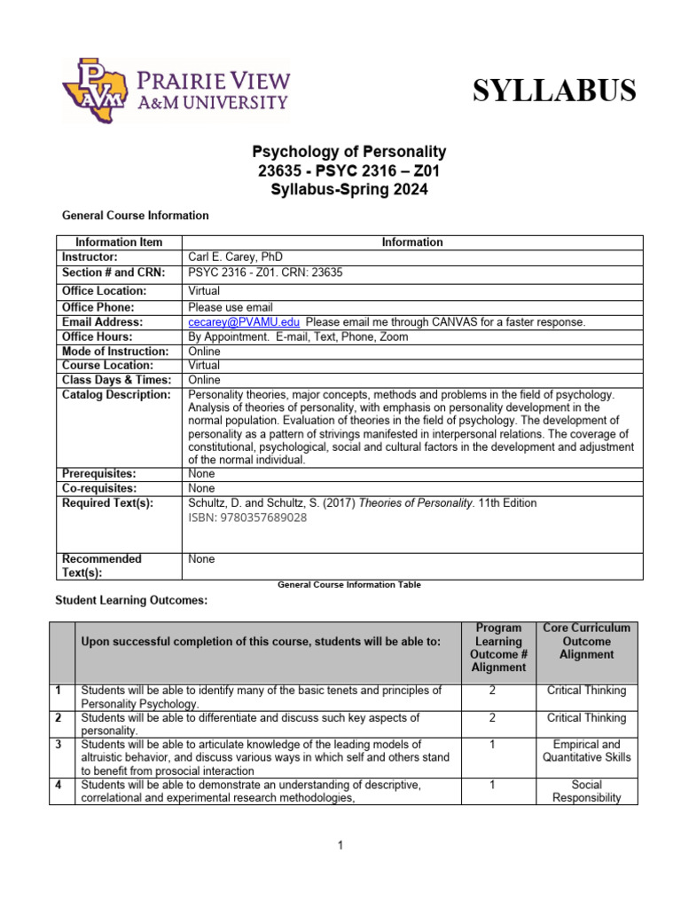 Psychology of Personality Syllabus 2024 | PDF | Academic Dishonesty