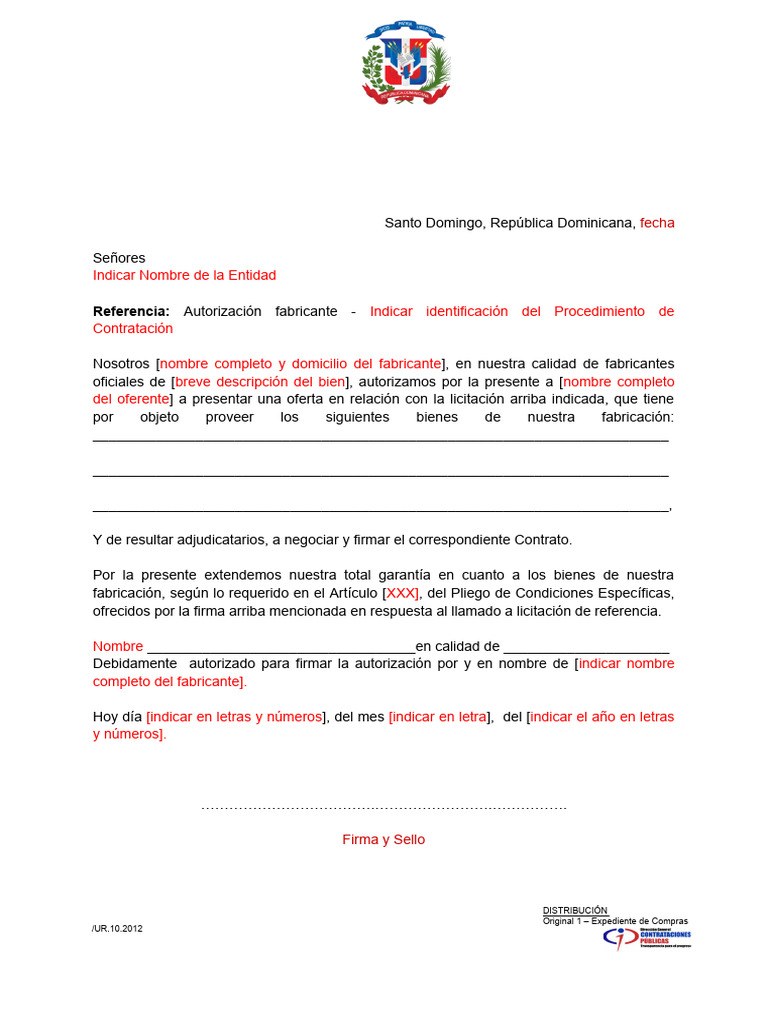 SNCC F047 Autorizacion Fabricante1 | PDF