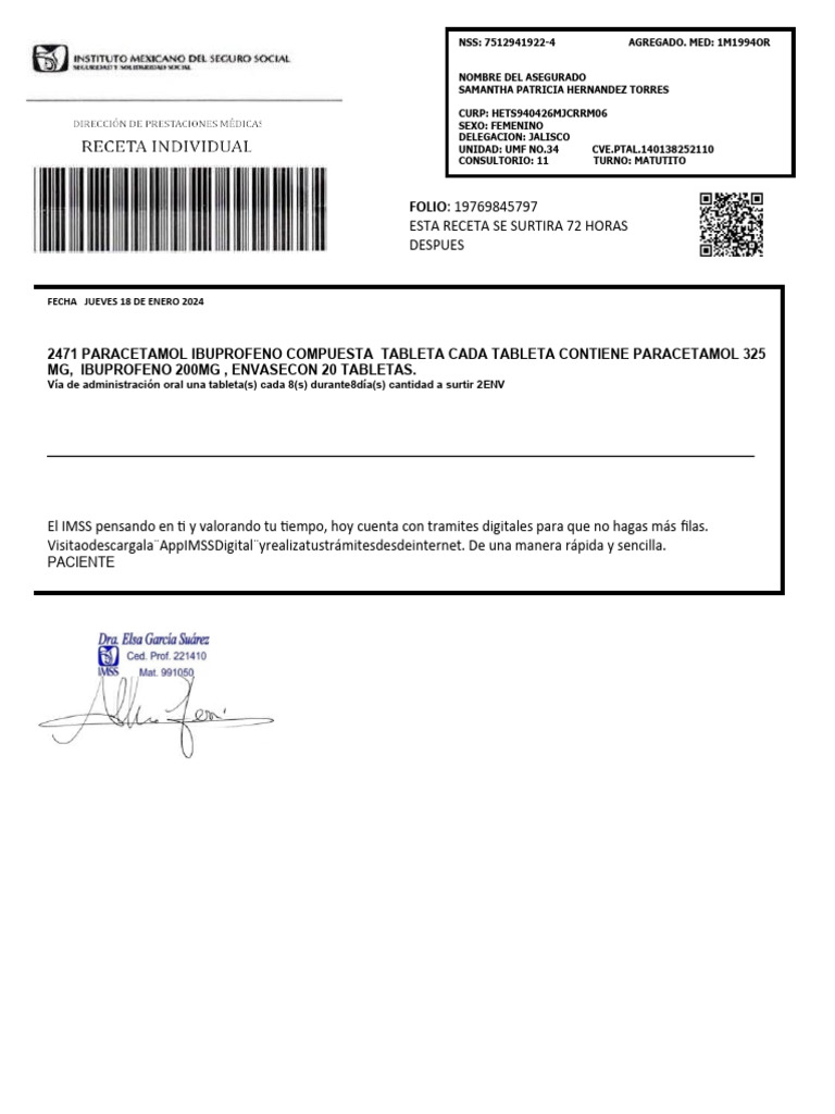 Receta IMSS Paracetamol e Ibuprofeno | PDF