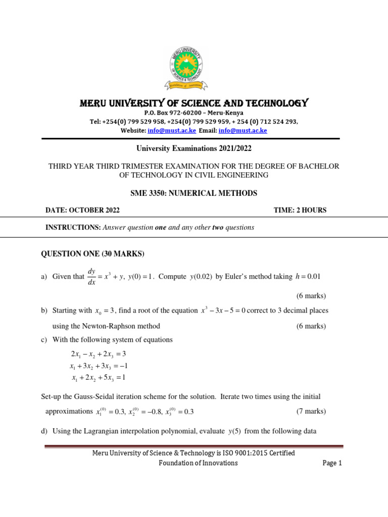Numerical Methods Exam Questions | PDF | Numerical Analysis ...