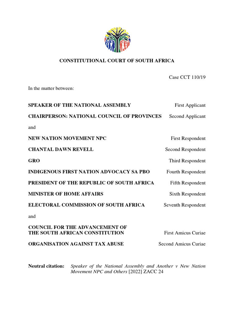(Judgment) CCT 110-19 Speaker of The National Assembly and Another V ...