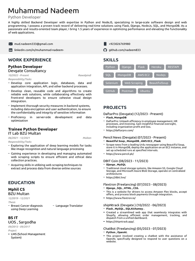 Python Developer Resume - Muhammad Nadeem | PDF | World Wide Web ...