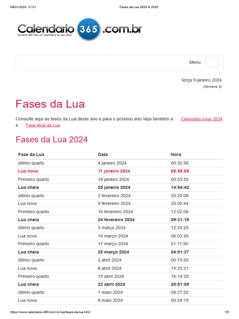 Fases Da Lua 2024 & 2025 | PDF | Lua | Calendário