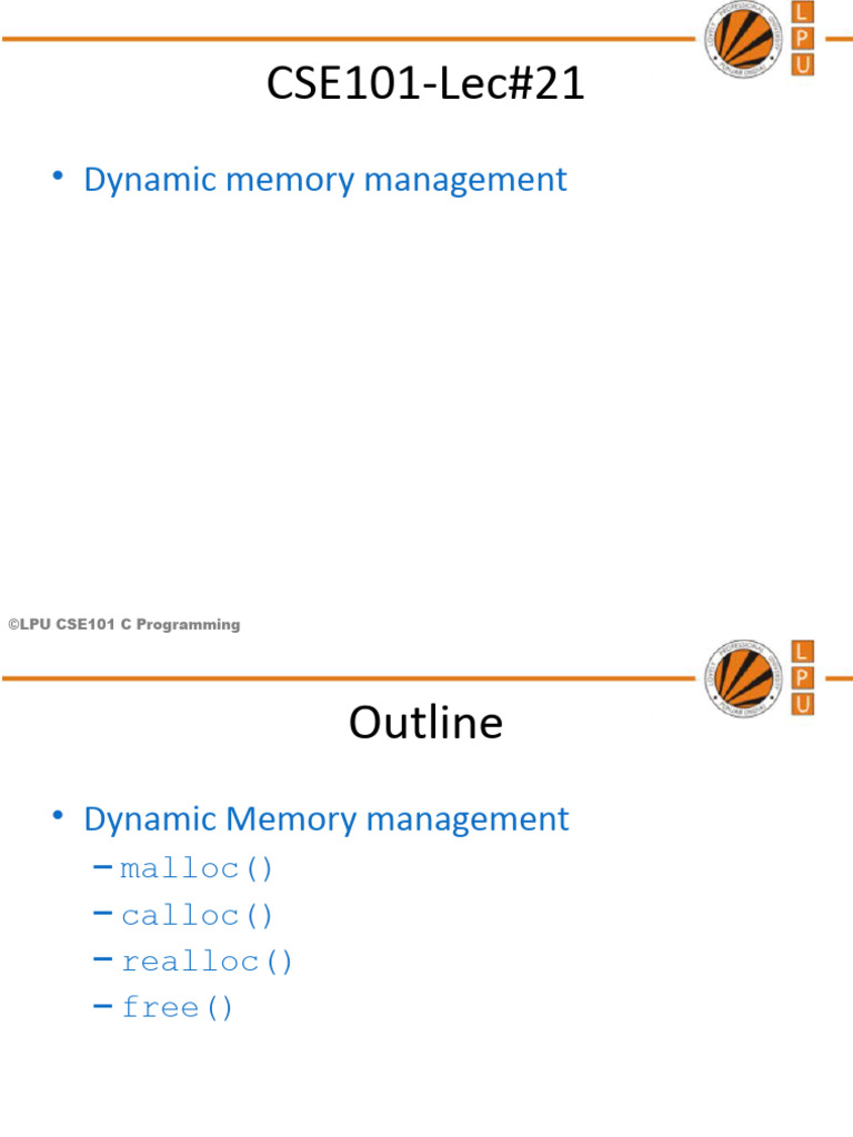 Dynamic Memory Allocation Lecture 21 | PDF | Pointer (Computer Programming) | Computing