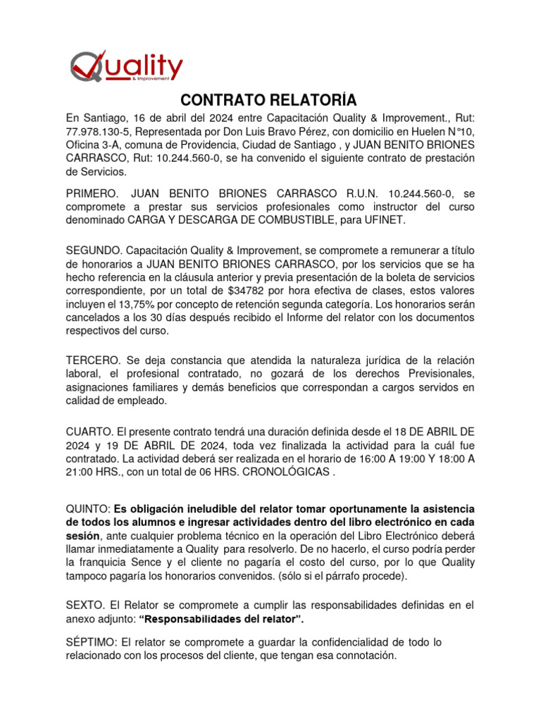 Contrato Relator Curso Carga y Descarga - Juan Briones Firma | PDF
