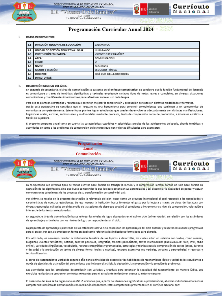 Programación Curricular Anual 2024 - Segundo Grado | PDF | Comunicación | Pensamiento