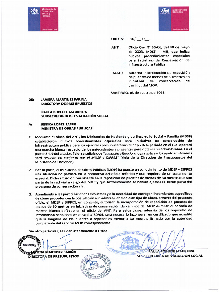 Oficio MDSF DIPRES Acuerdo Puentes | PDF