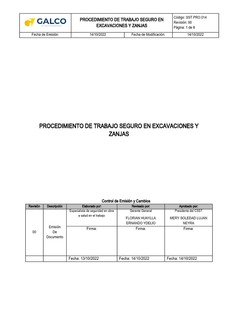 SST-PRO-014 Procedimiento de Trabajo Seguro en Excavaciones y Zanjas ...