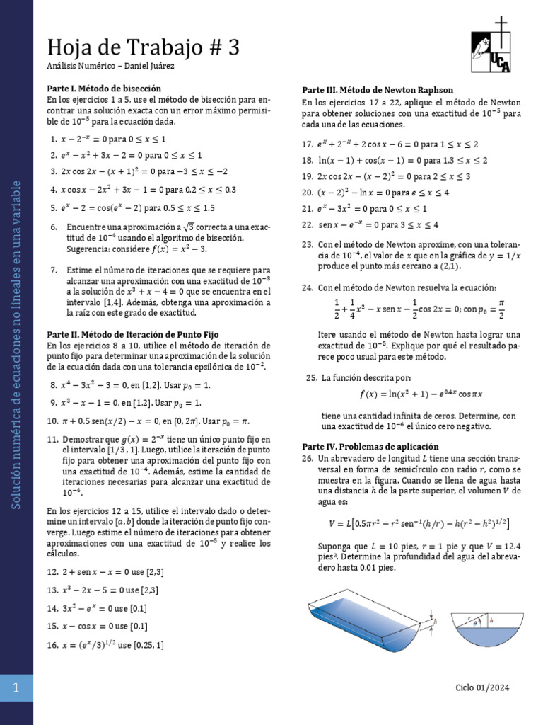 Hoja de Trabajo # 3. Solución de Ecuaciones No Lineales en Una Variable | PDF | Análisis ...