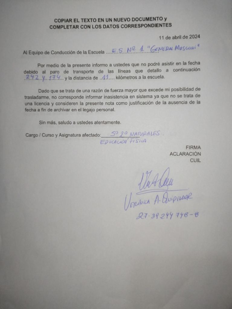 Nota Paro de Transporte. Quipildor | PDF