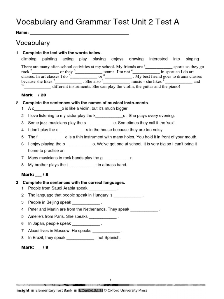 Vocabulary and Grammar Test Unit 2 | PDF | Adverb | Languages