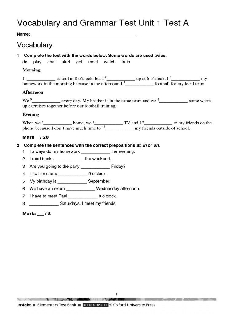 Vocabulary Grammar Unit 1 Test A | PDF | Workweek And Weekend | Linguistics