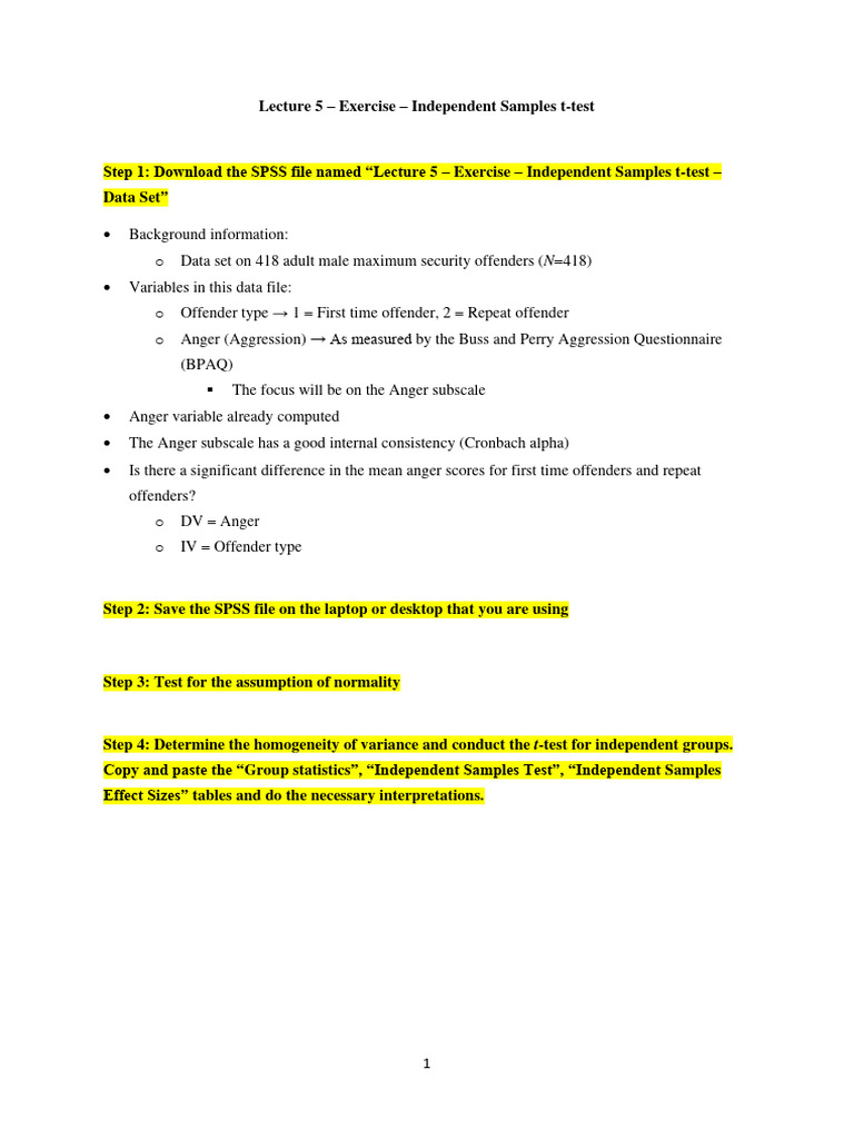 Lecture 5 - Exercise Instructions - Independent Samples T-Test | PDF ...
