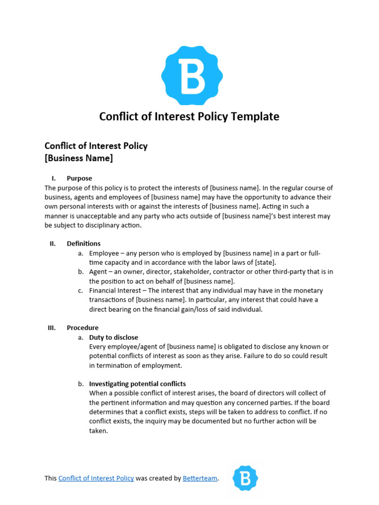 Conflict Of Interest Policy Template 20201123 Download Free Pdf