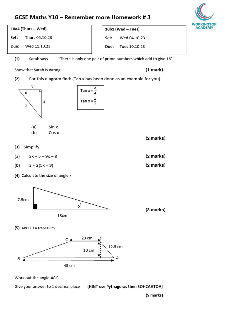 GCSE Maths Y10 Homework #3 Guide | PDF | Teaching Methods & Materials