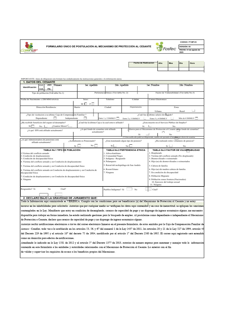 Formulario Postulacion FT-MP-03 V9 | PDF