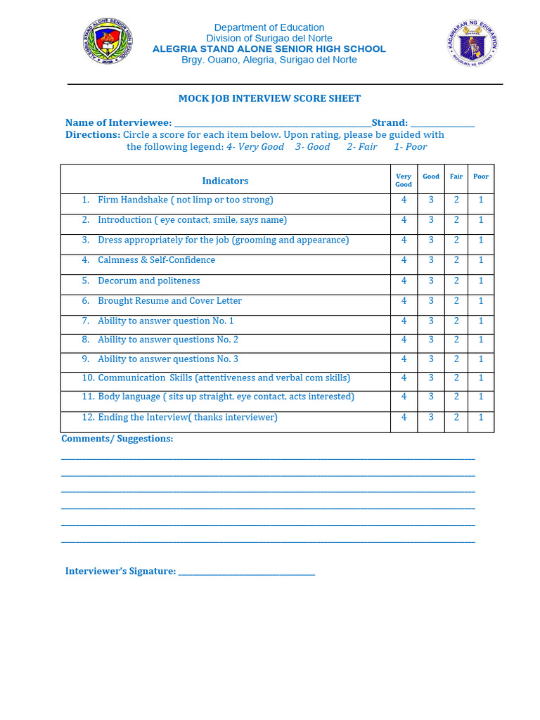 Mock-Job-Interview-Sample-Questions-Score-Sheet | PDF | Job Interview | Psychological Concepts