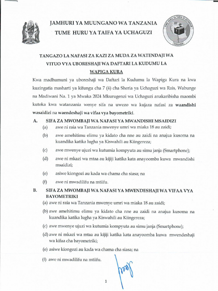 Tangazo La Nafasi Za Kazi Za Muda Za Watendaji Wa Vituo Vya Uboreshaji Wa Daftari La Kudumu La ...