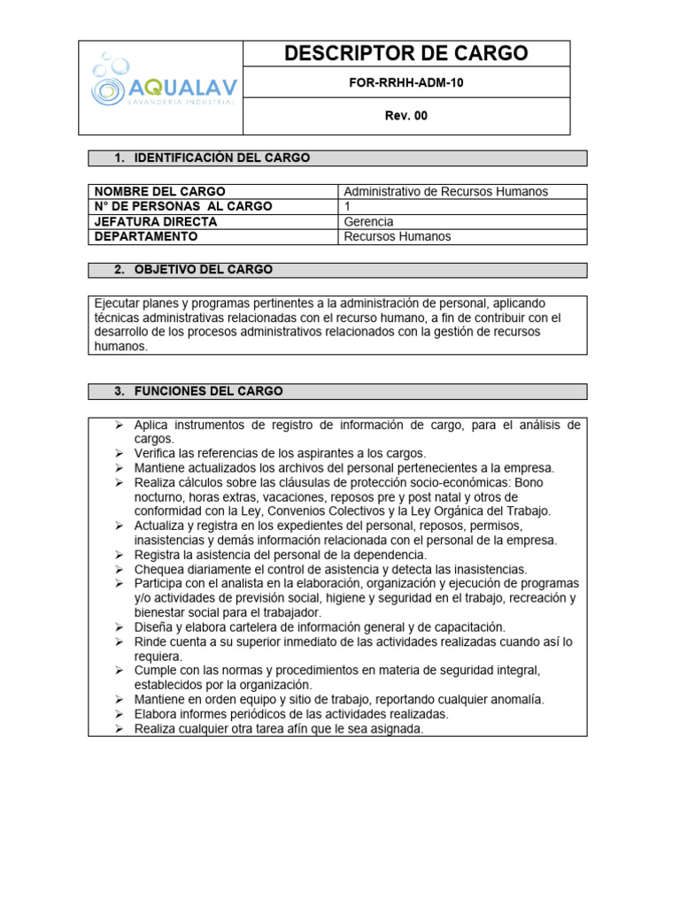 Descriptor de Cargo ADMINISTRATIVO DE RR - HH. (FOR-RRHH-ADM-10-REV.00) | PDF | Business ...
