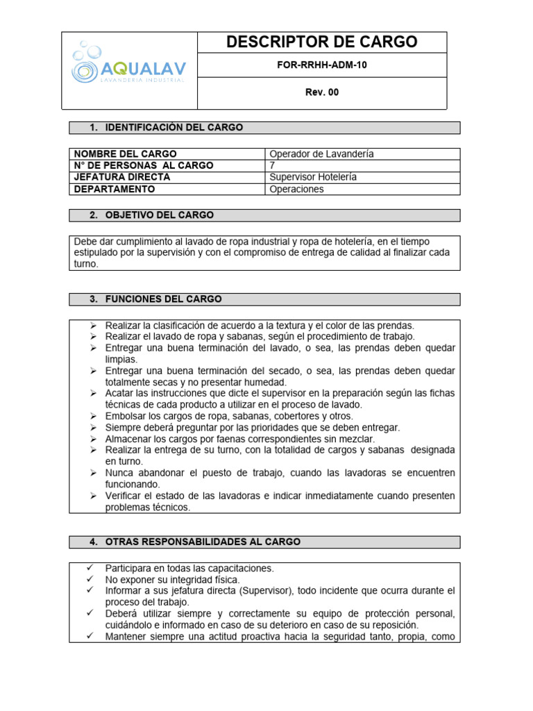 Descriptor de Cargo OPERADOR DE LAVANDERIA (FOR-RRHH-ADM-10-REV.00) | PDF