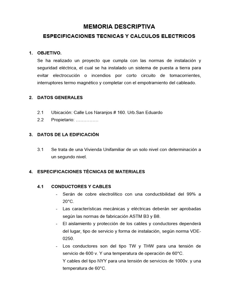 Memoria Descriptiva de Electricas | PDF | Corriente eléctrica | Cableado eléctrico