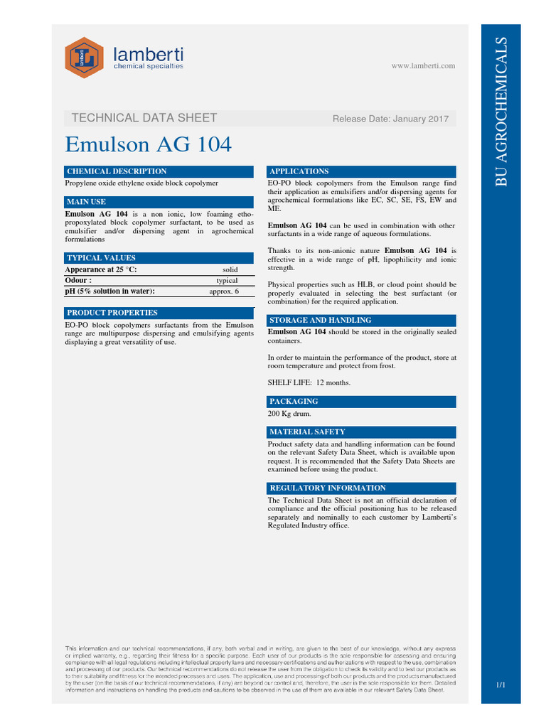 Emulson AG 104: Block Copolymer Surfactant | PDF | Emulsion | Surfactant