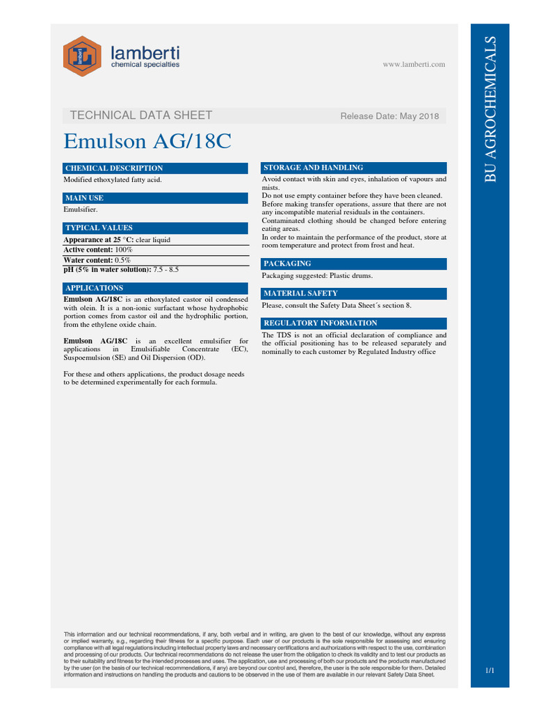 TDS - Emulson AG 18 C - English | PDF | Emulsion | Chemical Substances