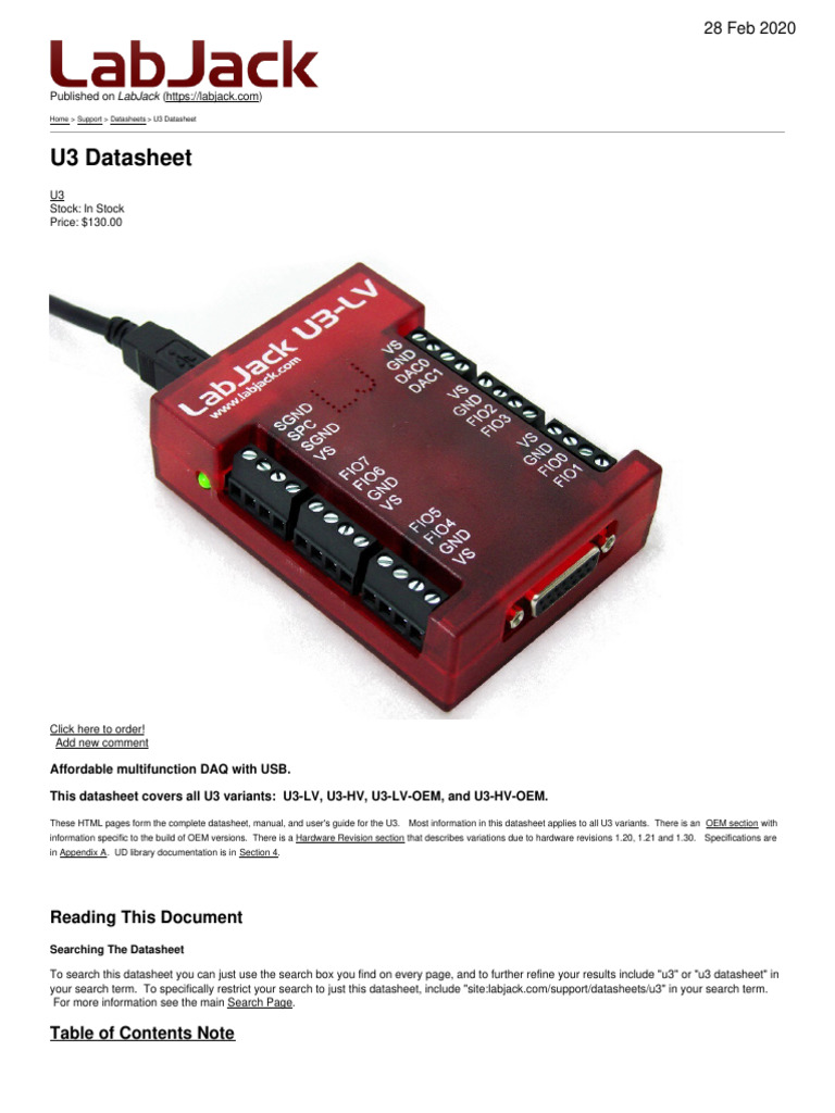 LabJack U3 Datasheet | PDF | Operational Amplifier | Amplifier