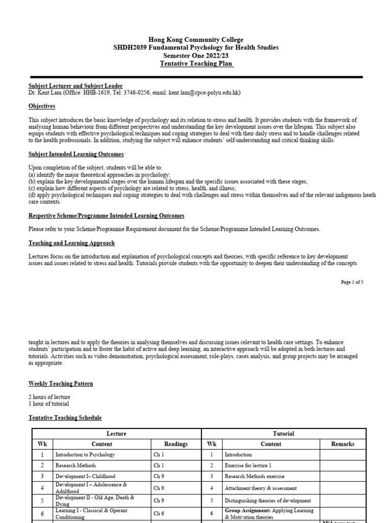 SHDH2039 Teaching Plan - S1 - 2022 | PDF | Psychology | Learning