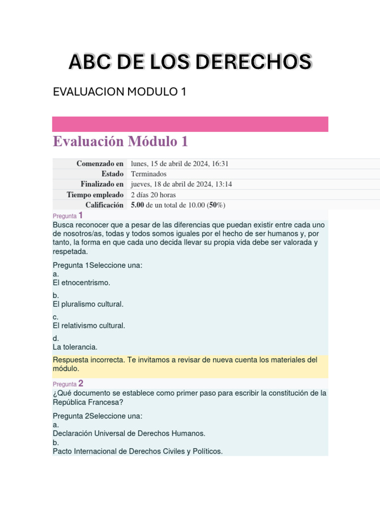 Curso ABC de Los Derechos Humanos (Evaluacion Modulo 1) | PDF | Derechos humanos | Dignidad