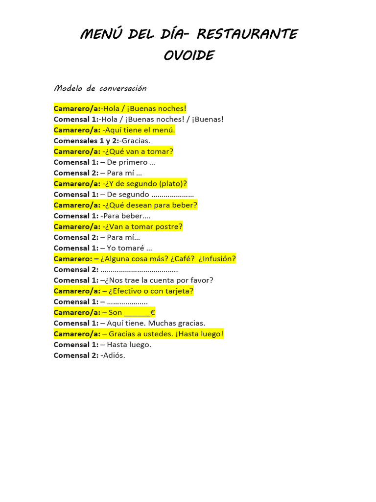 Modelo de conversación en un restaurante A1 | PDF
