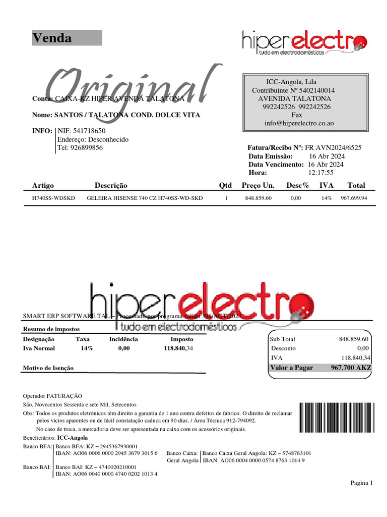 Fatura de Venda - Hiper Electro Talatona | PDF | Imposto sobre Valor ...