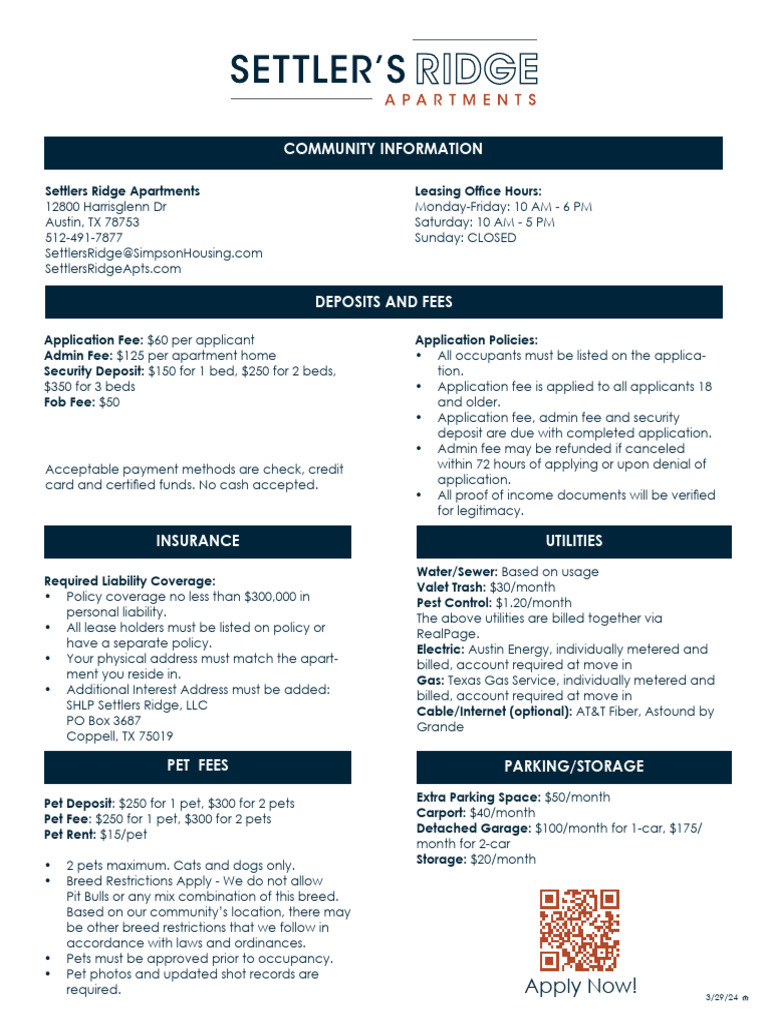 Settlers Ridge Fee Sheet 32924 | PDF | Fee